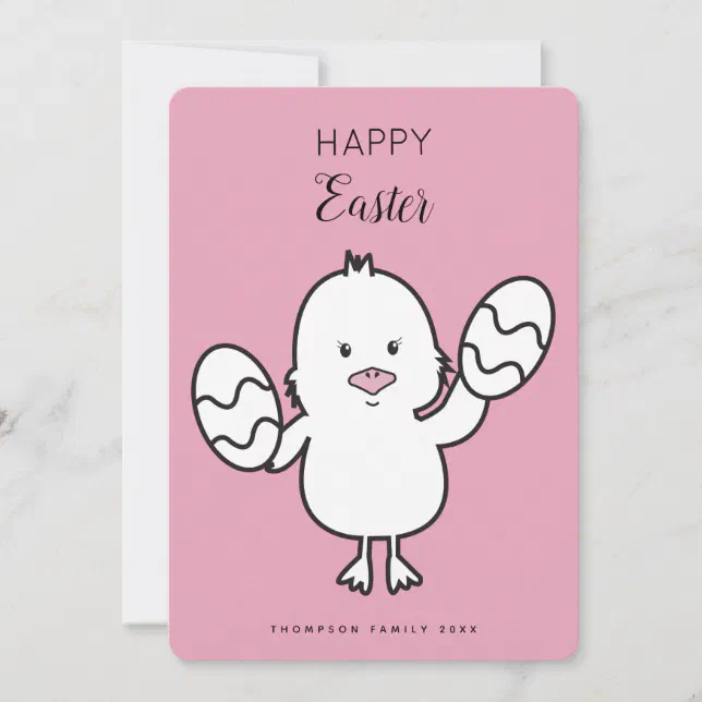 Pastel Pink Cute Easter Chick & Eggs Illustration Holiday Card | Zazzle