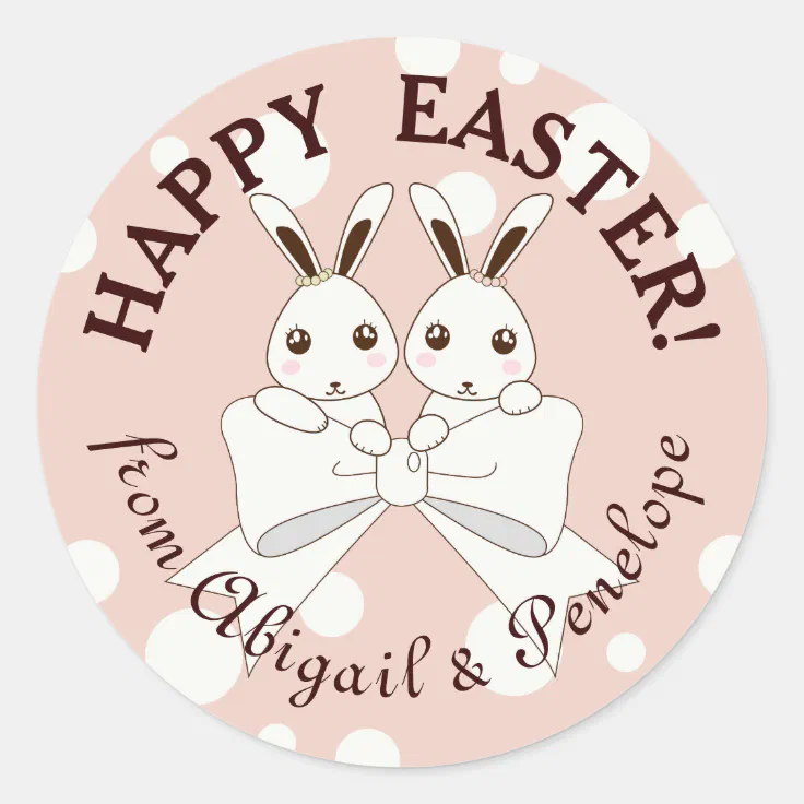 Pastel Pink Cute Twin Bunny Happy Easter Classic Round Sticker | Zazzle