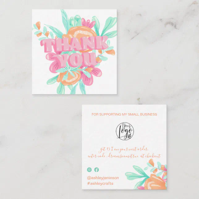 Pastel pink floral retro script order thank you square business card ...