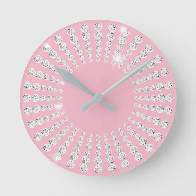 Pastel Pink Gem Crystal Diamond White Round Clock | Zazzle