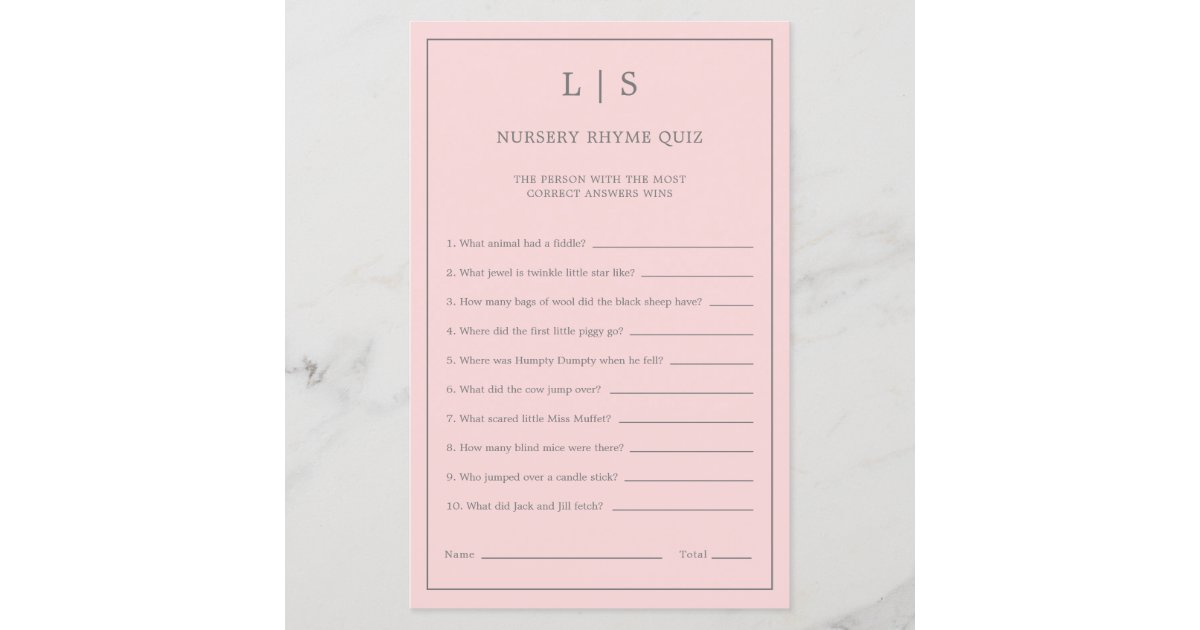 Pastel Pink Nursery Rhyme Quiz Baby Shower Game | Zazzle