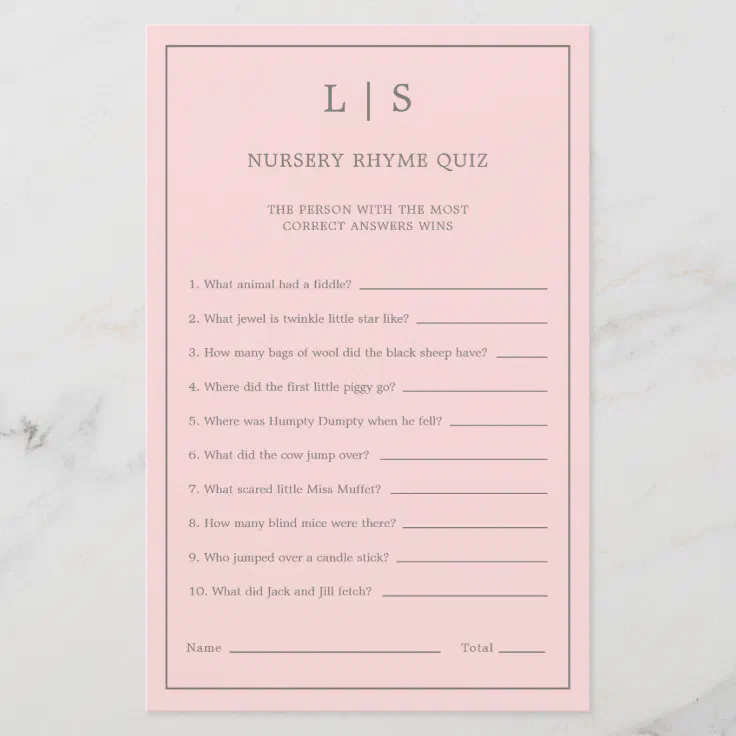 Pastel Pink Nursery Rhyme Quiz Baby Shower Game | Zazzle