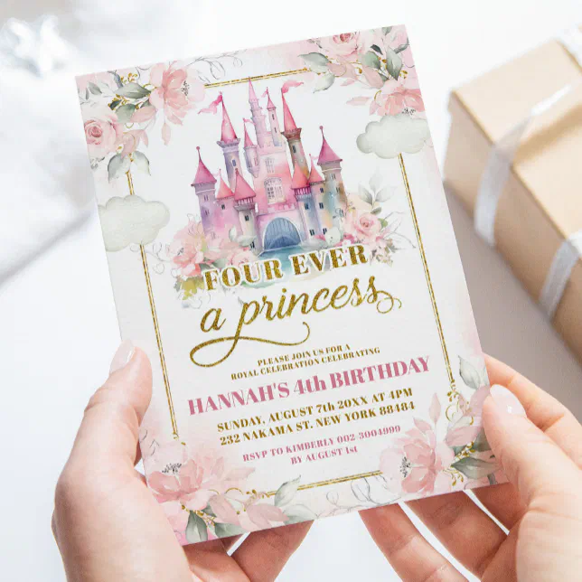 Pastel Pink Princess Royal Castle 4th Birthday Invitation | Zazzle