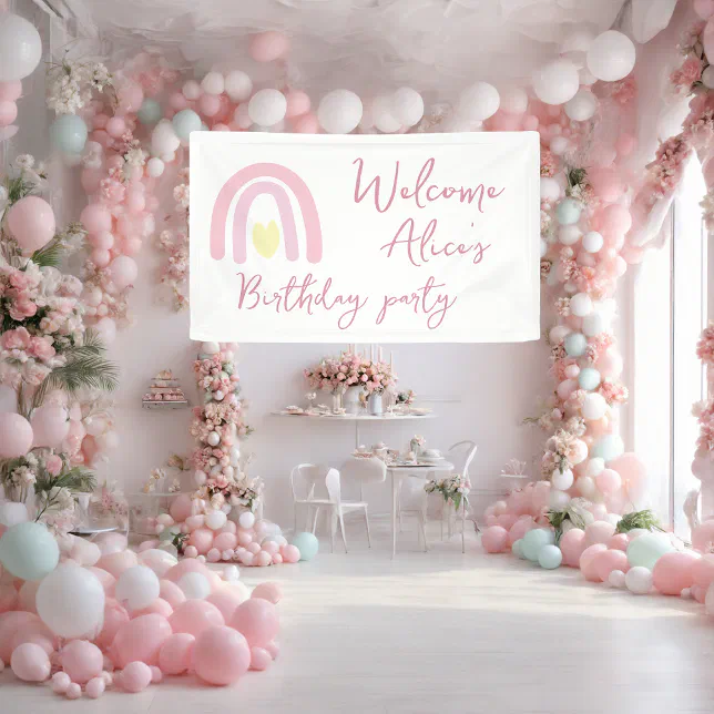 Pastel pink rainbow Baby Girl 1st Birthday Party Banner | Zazzle