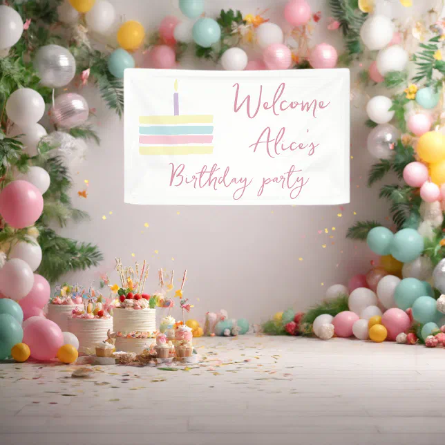 Pastel pink rainbow Baby Girl Birthday party Banner | Zazzle