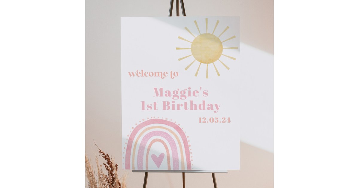 Pastel Pink Rainbow Sun 1st Birthday Welcome Sign | Zazzle