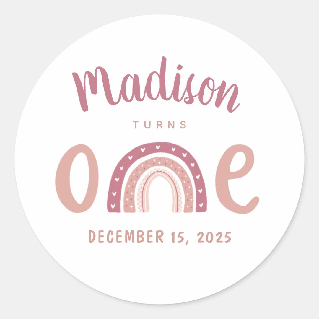 Pastel Pink Rainbow Your Name Turns One Birthday Classic Round Sticker ...
