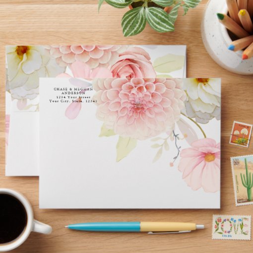 Pastel Pink Spring Flowers BarefootBride™ Envelope | Zazzle