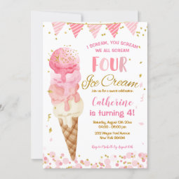Pastel Pink We Scream Four Ice Cream 4th Birthday Invitation | Zazzle