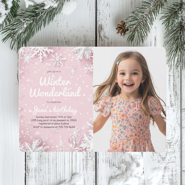 Pastel Pink Winter Wonderland Snowflake Photo Invitation | Zazzle
