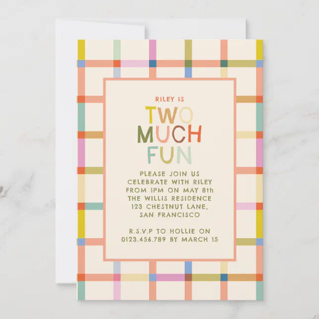 Pastel Plaid "Two Much Fun" 2nd Birthday Invitation | Zazzle