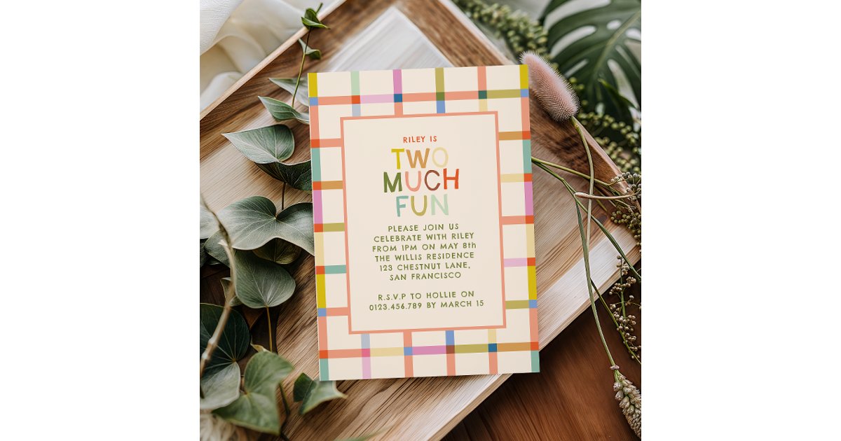 Pastel Plaid "Two Much Fun" 2nd Birthday Invitation | Zazzle