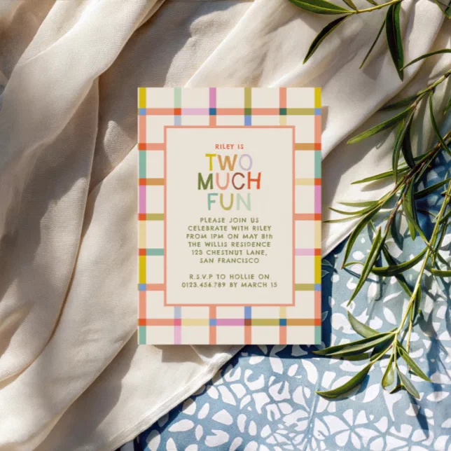 Pastel Plaid "Two Much Fun" 2nd Birthday photo Invitation | Zazzle