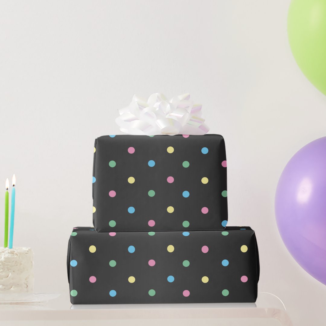 Pastel Polka Dots on Sheen Black Satin Wrapping Paper | Zazzle