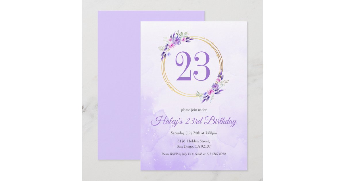 Pastel Purple Floral Golden Wreath 23rd Birthday Invitation | Zazzle