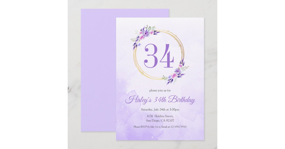 Pastel Purple Floral Golden Wreath 34th Birthday Invitation | Zazzle