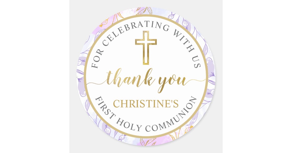 Pastel Purple Gold Floral First Holy Communion Classic Round Sticker ...