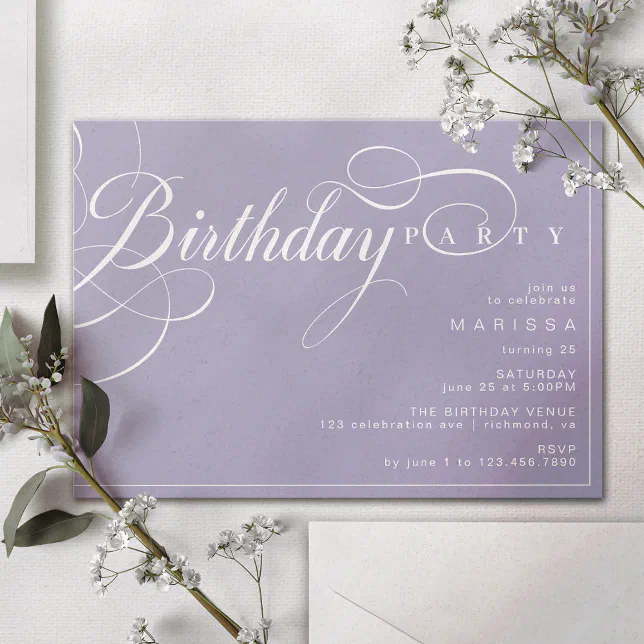 Pastel Purple Lavender Simple Calligraphy Birthday Invitation | Zazzle