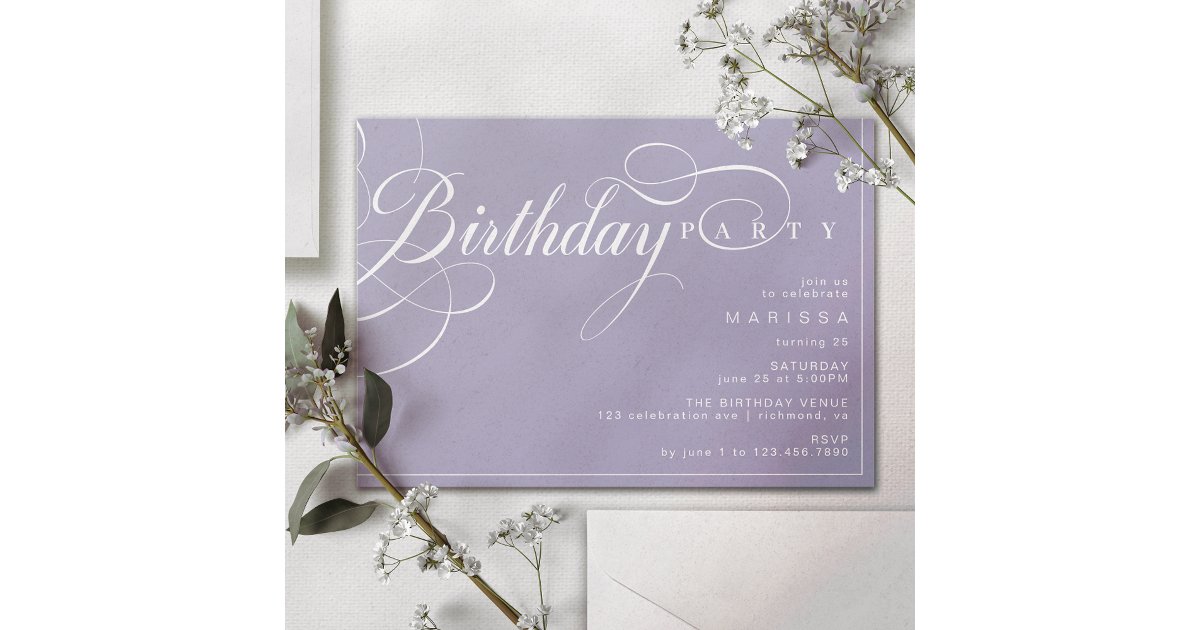 Pastel Purple Lavender Simple Calligraphy Birthday Invitation | Zazzle