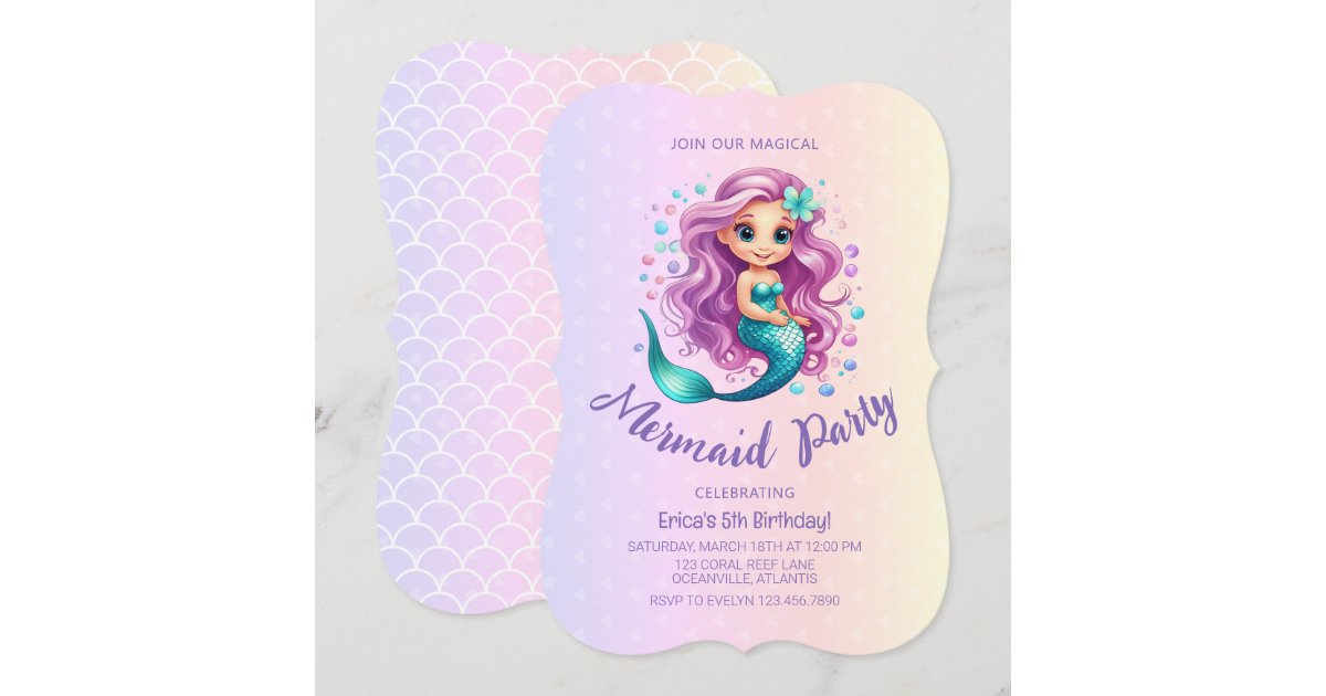Pastel Purple Little Mermaid Watercolor Birthday Invitation | Zazzle