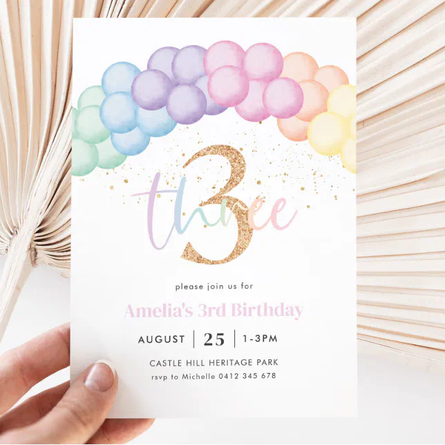 Pastel Rainbow Balloon Arch 3rd Birthday Party Invitation | Zazzle