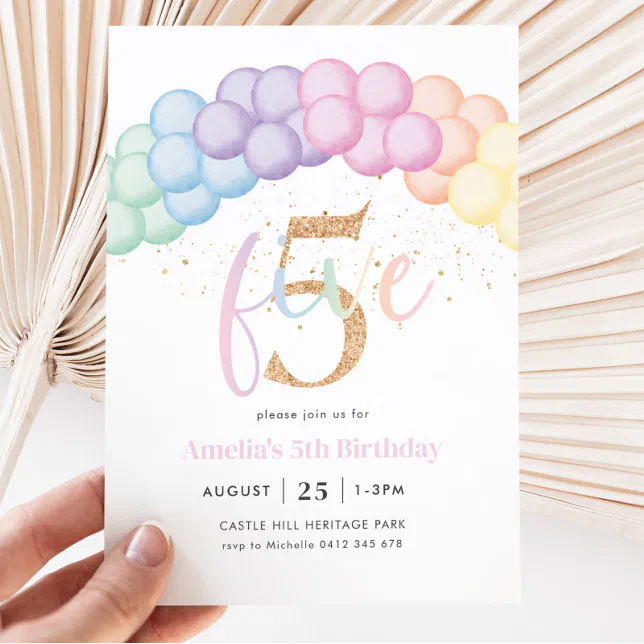 Pastel Rainbow Balloon Arch 5th Birthday Party Invitation | Zazzle