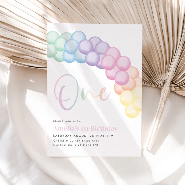 Pastel Rainbow Balloon Garland 1st Birthday Party Invitation | Zazzle