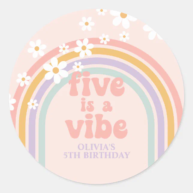 Pastel rainbow Five is a Vibe 5th birthday Classic Round Sticker | Zazzle