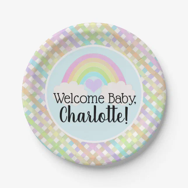 Pastel Rainbow Gingham Welcome Baby Shower Paper Plates | Zazzle