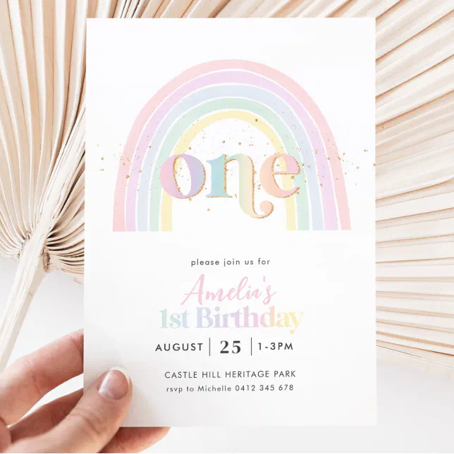 Pastel Rainbow Girls 1st Birthday Party Invitation | Zazzle