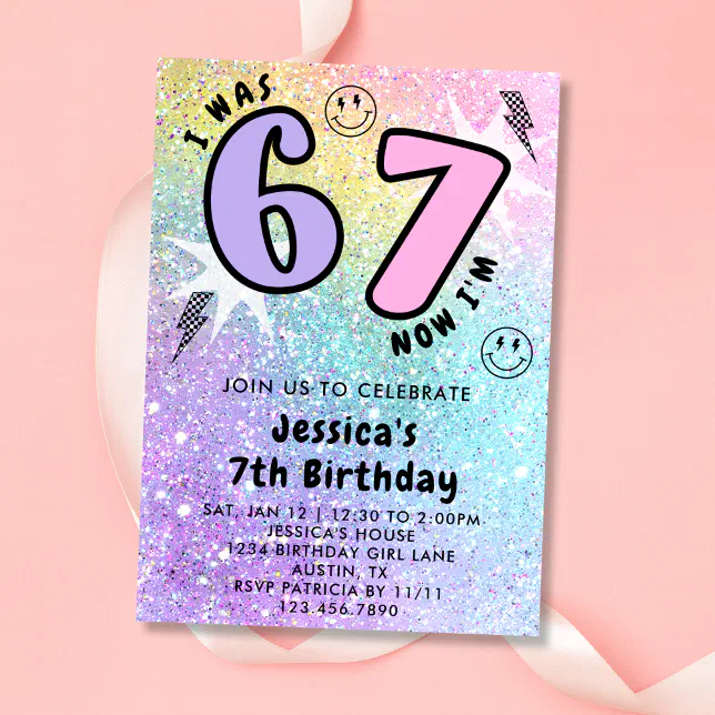 Pastel Rainbow Glitter 6 7 Girl Birthday Party Invitation | Zazzle