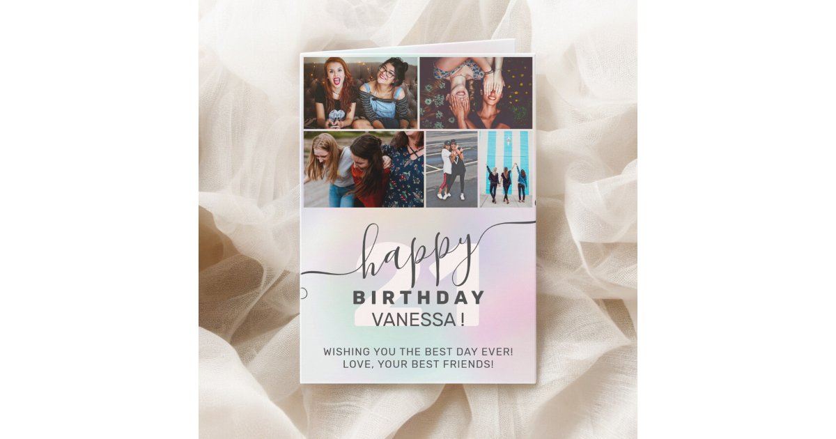 Pastel rainbow holographic birthday photos grid card | Zazzle