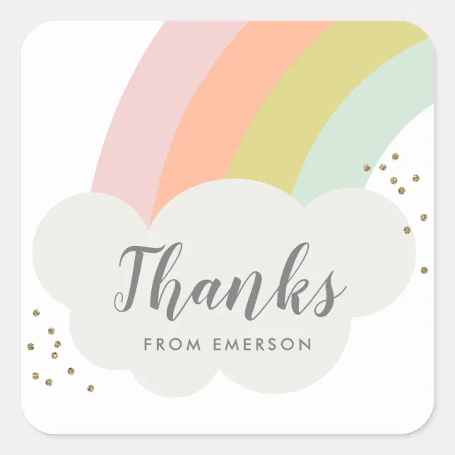 Pastel rainbow kids thank you favor square sticker | Zazzle