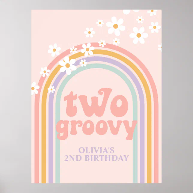 Pastel Rainbow Retro Two Groovy 2nd Birthday Poster | Zazzle