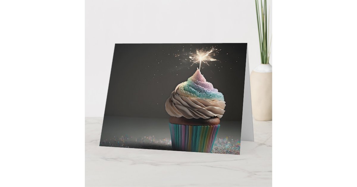 Pastel Rainbow Sparkler Birthday Cupcake Card | Zazzle