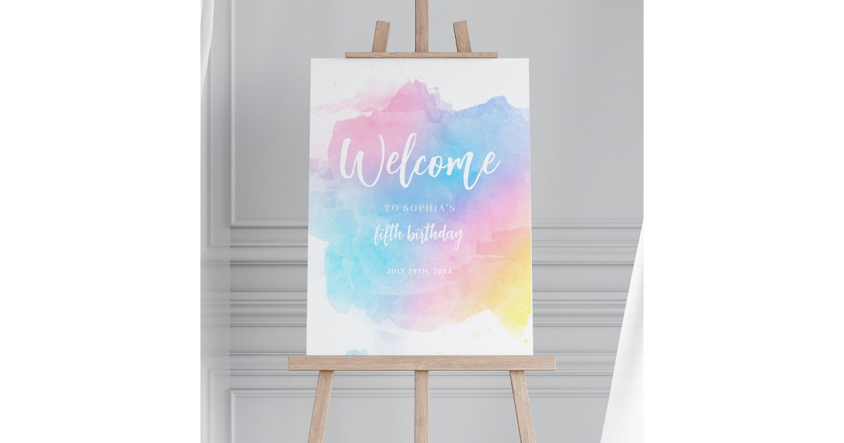 Pastel Rainbow Watercolor Birthday Welcome Sign | Zazzle