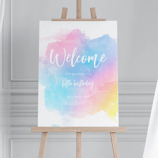 Pastel Rainbow Watercolor Birthday Welcome Sign | Zazzle