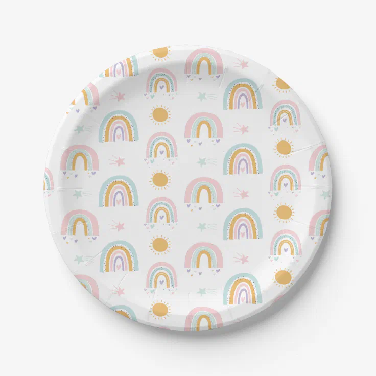 Pastel Rainbows and suns birthday party plates | Zazzle