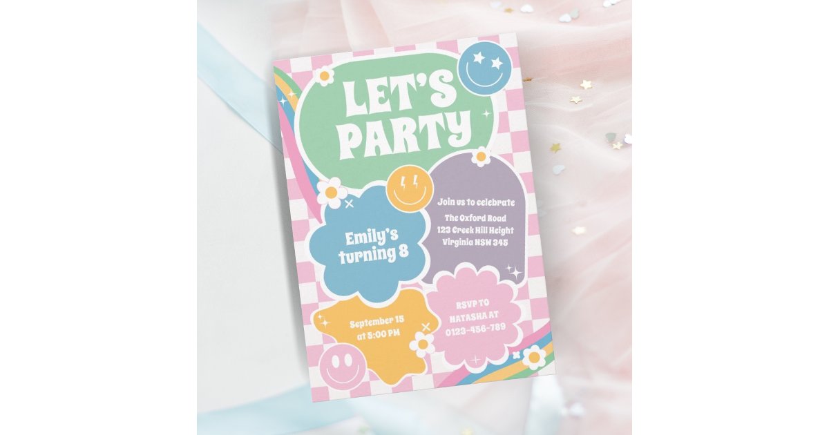Pastel Retro Groovy Smiles Birthday Invitation | Zazzle