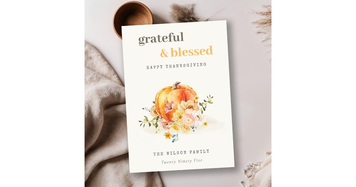 Pastel Soft Watercolor Floral Pumpkin Thanksgiving Holiday Card | Zazzle