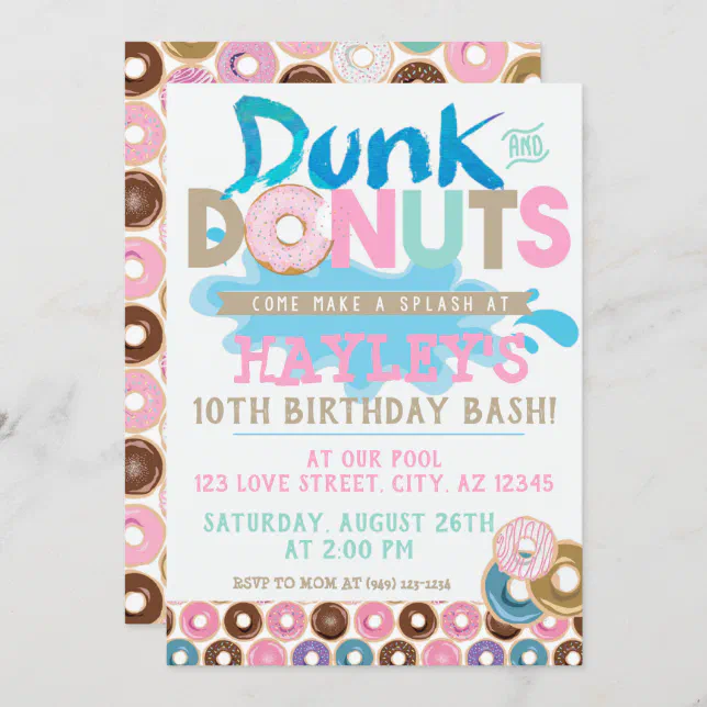 Pastel Splash Pool Dunk n Donut Party Birthday Invitation | Zazzle