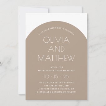 Pastel taupe modern typography arch wedding + QR Invitation | Zazzle