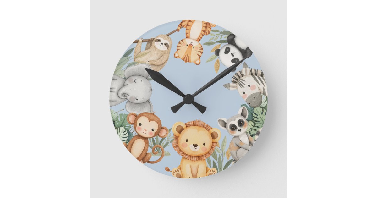 Pastel Tropical Wild One Jungle Safari Animals Round Clock | Zazzle