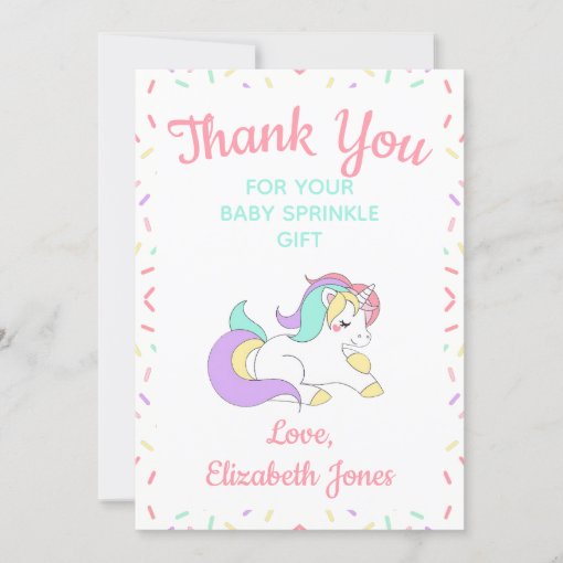 Pastel Unicorn Baby Sprinkle Thank You Card | Zazzle