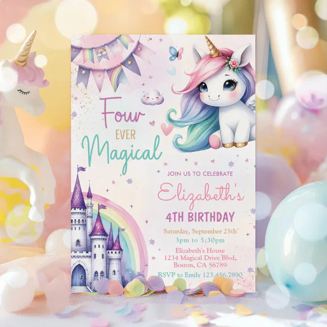 Pastel Unicorn Four Ever Magical 4th Birthday Invitation | Zazzle
