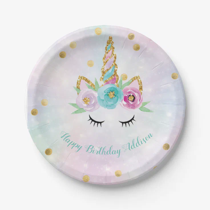 Pastel unicorn plates that are personalized | Zazzle