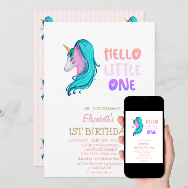 Pastel Unicorn Striped Hello Little One Birthday Invitation | Zazzle