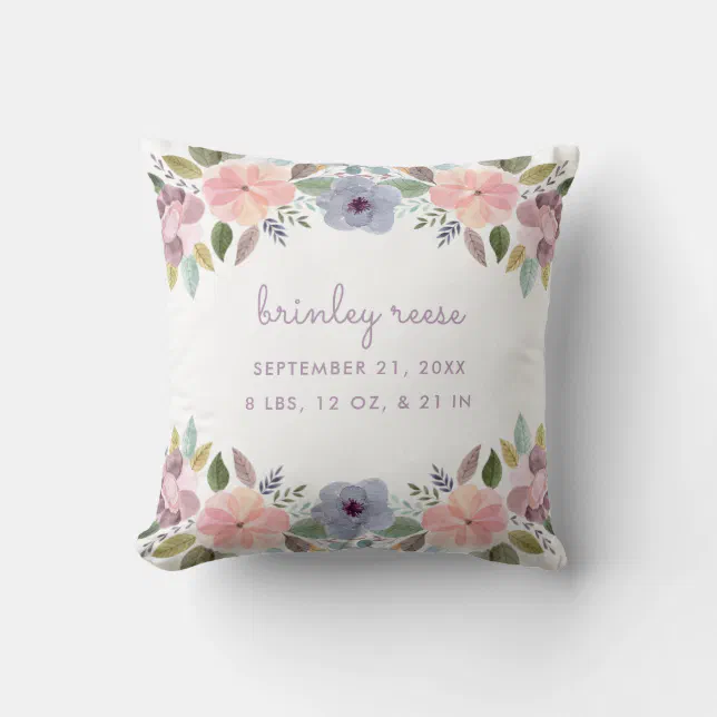 Pastel Watercolor Floral Birth Information Baby Throw Pillow | Zazzle