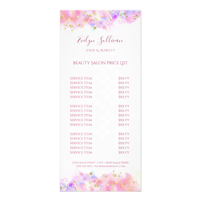 pastel watercolor glitter price list rack card | Zazzle