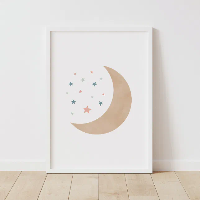 Pastel Watercolor Moon and Stars Nursery Poster | Zazzle